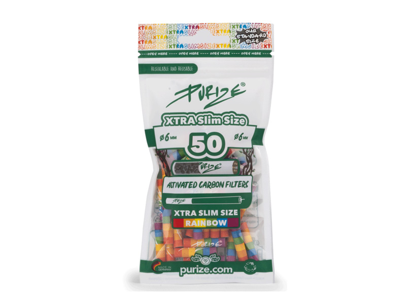 PURIZE Rainbow, 50er Pack., Xtra Slim Size 5,9mm, Aktivkohlefilter