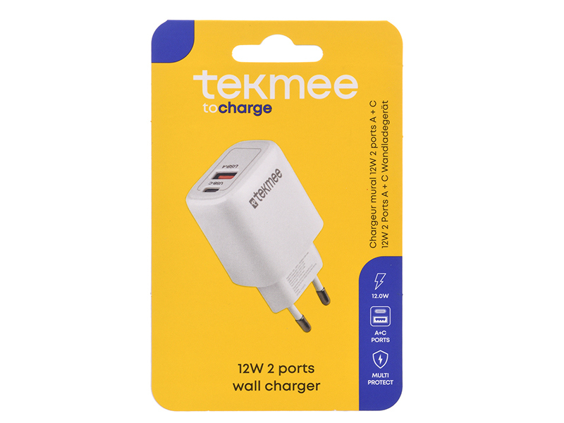 Tekmee Netzstecker Type-C + USB, 12W, Wand Charger; weiß