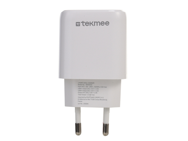 Tekmee Netzstecker Type-C + USB, 12W, Wand Charger; weiß
