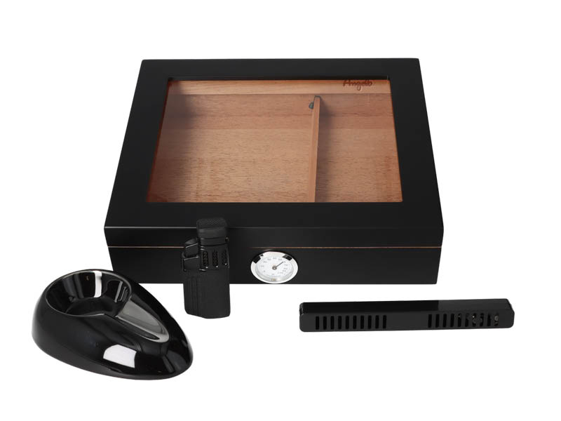 Humidor Set schwarz mit Sichtfenst., Zigarrenaschenbecher, 4er-Jet-Fe