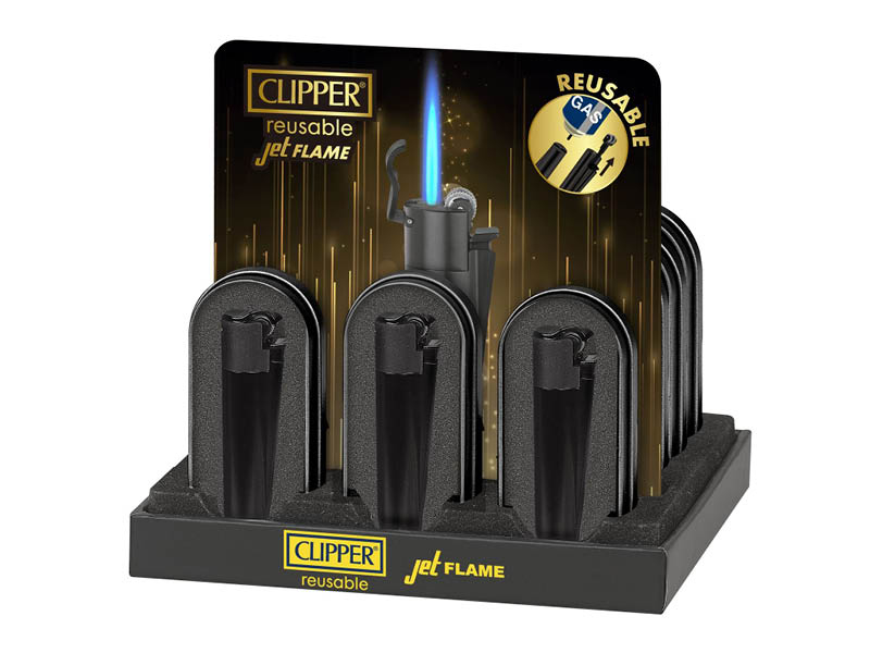 Clipper Metal Jetflame Large ALL BLACK mit Reibrad, Jet-Flamme, 12er