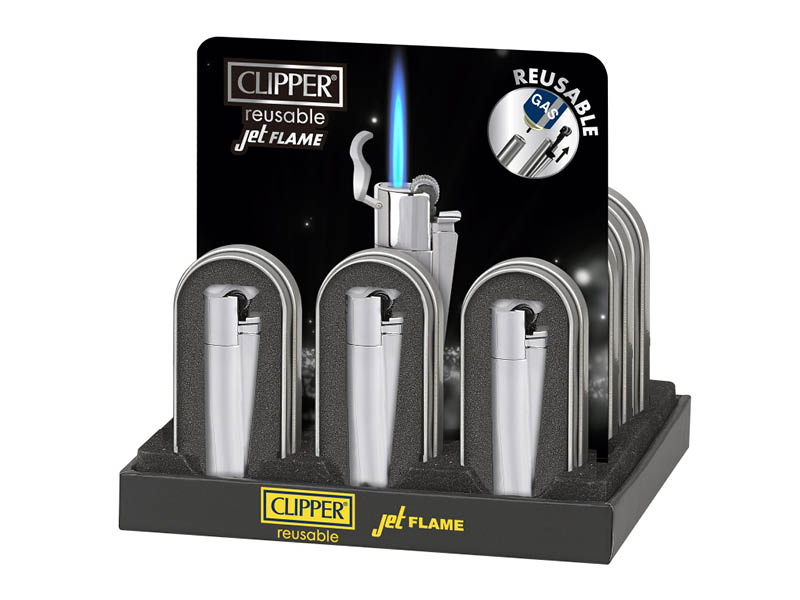 Clipper Metal Jetflame Large SILVER mit Reibrad, Jet-Flamme, 12er Dis